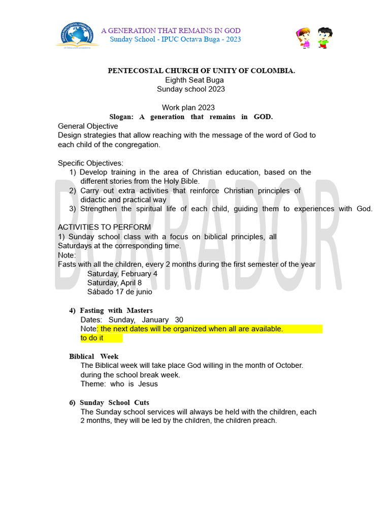 Sunday School Work Plan 2023 | PDF | Bible | Abrahamic Religions