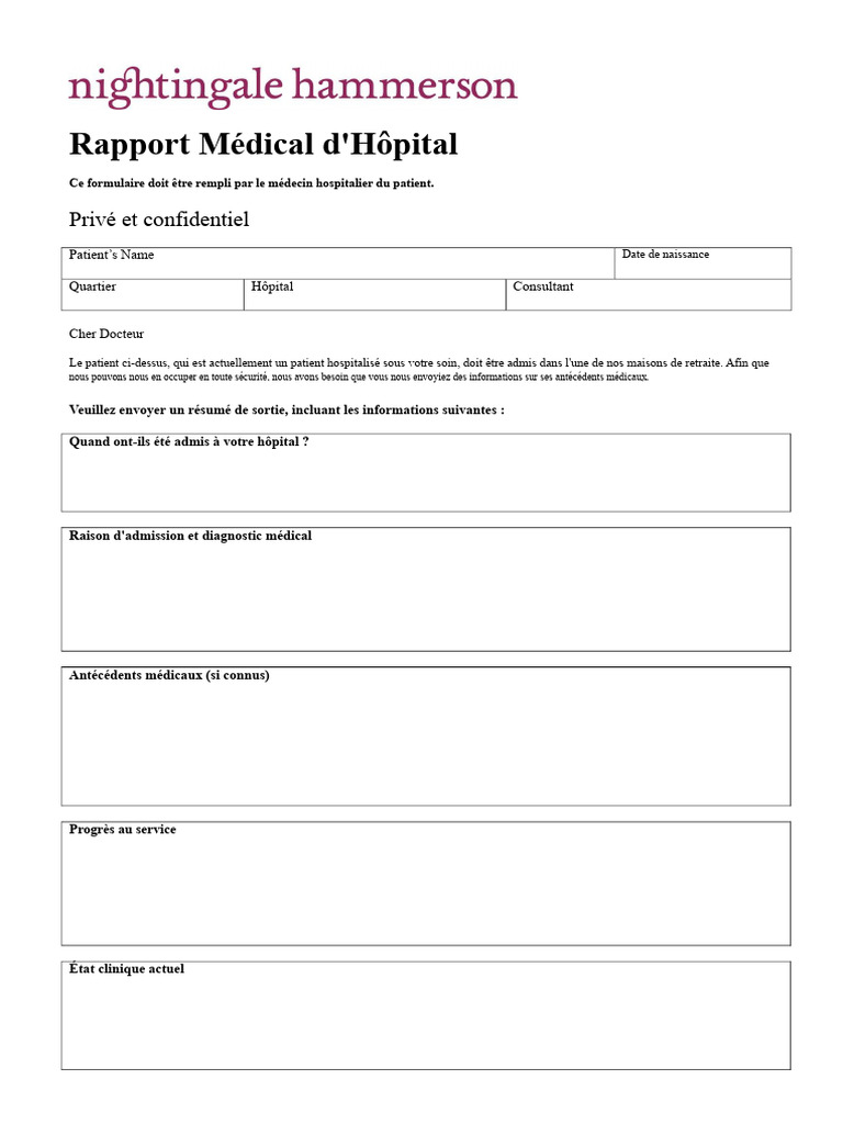 Rapport médical pour admission en maison de retraite | PDF
