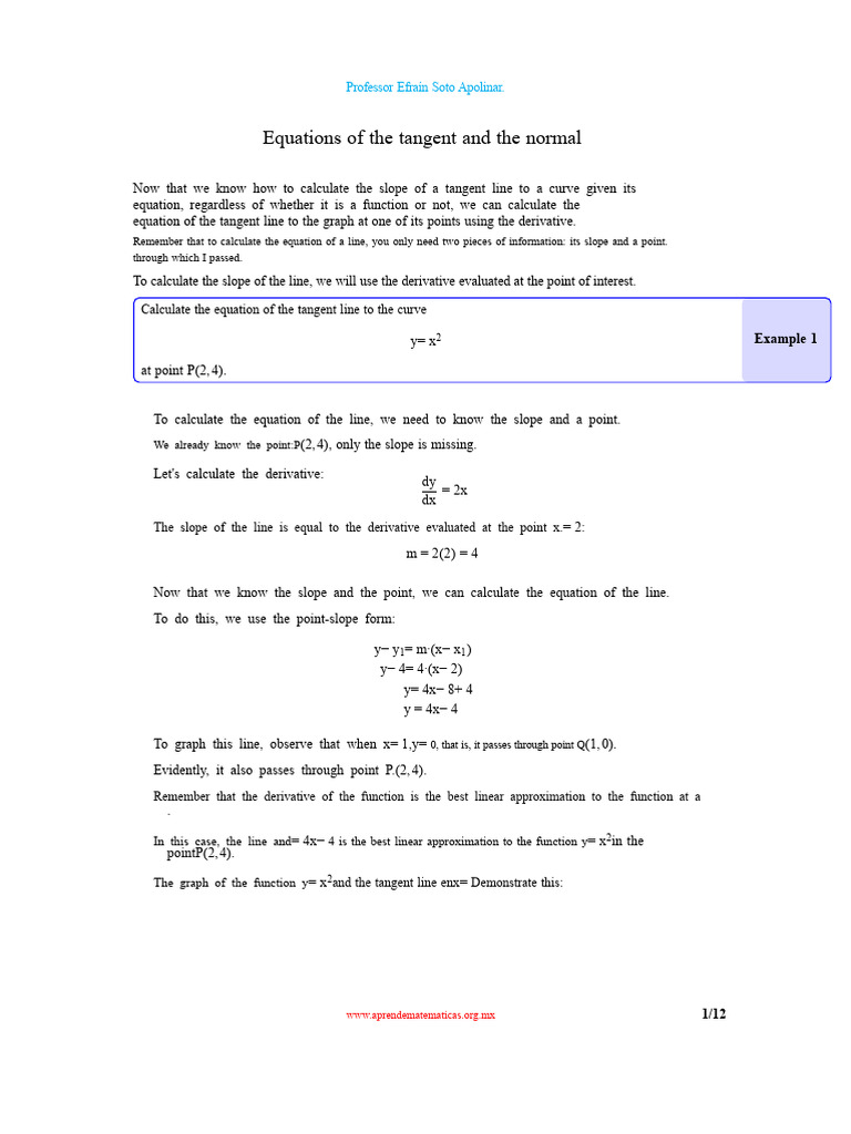 Tangent Line and Normal Line To A Curve PDF | PDF | Tangent | Slope