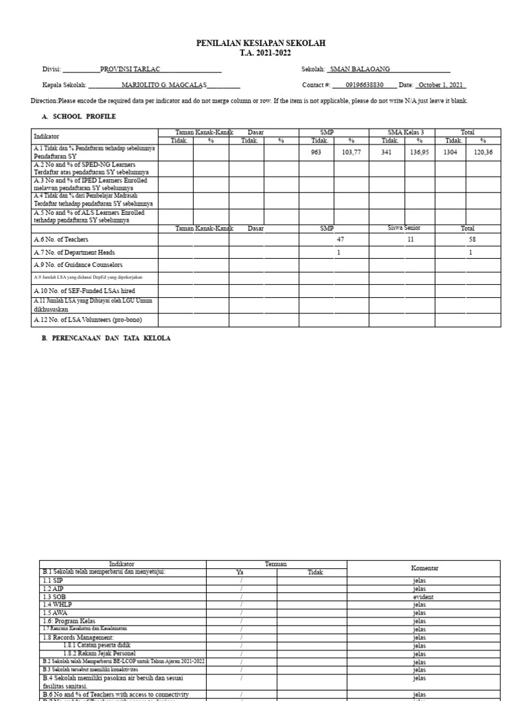 Penilaian Kesiapan Sekolah T.A. 2021-2022 | PDF