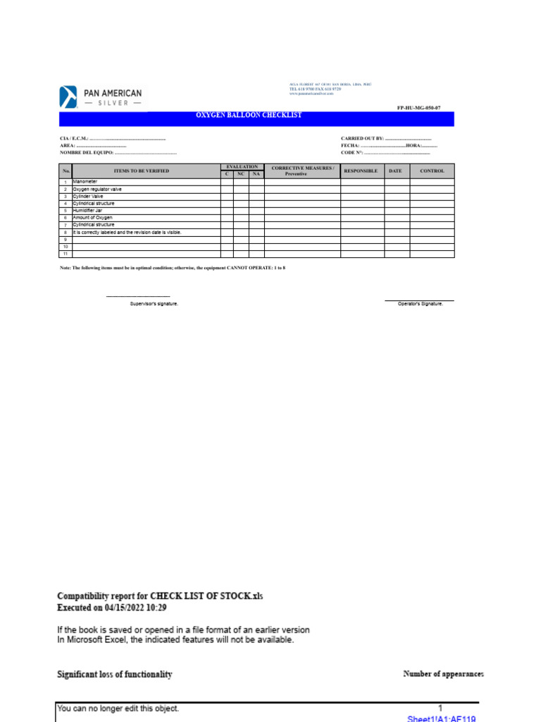 OXYGEN TANK CHECKLIST | PDF | Microsoft Excel | Equipment