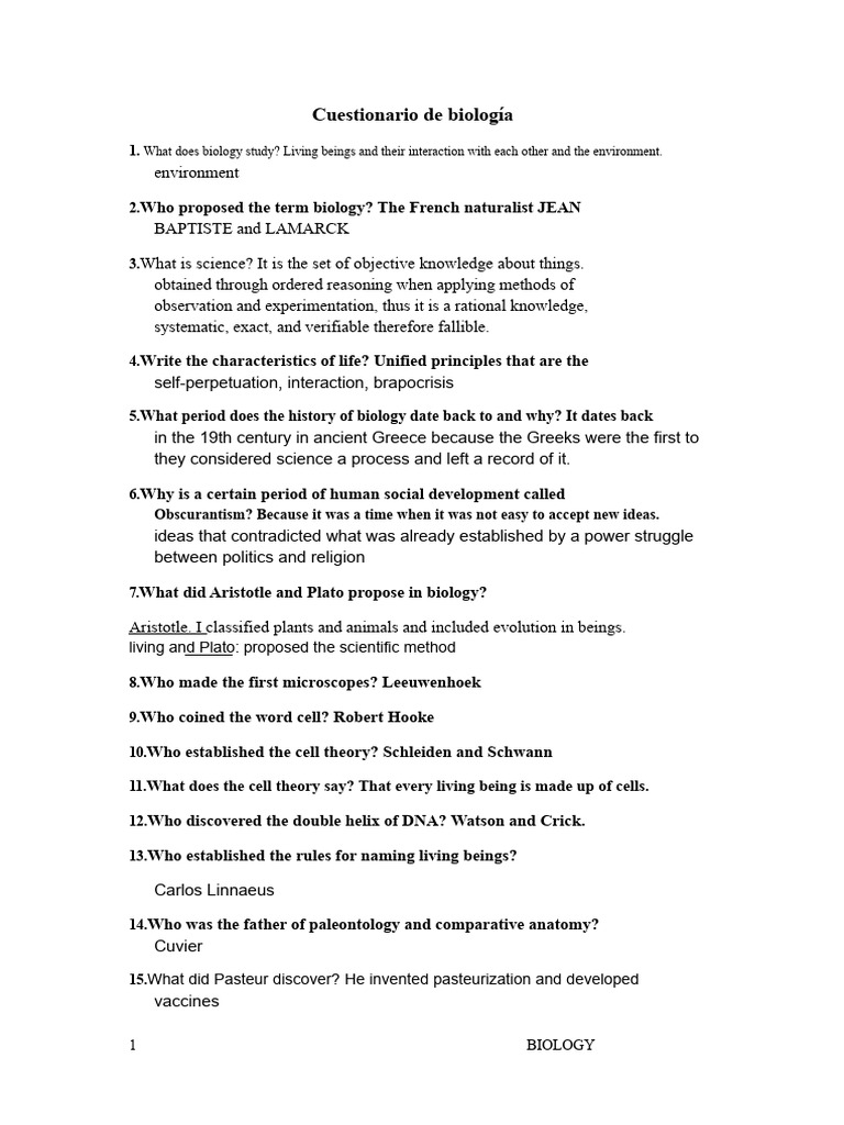 Biology Questionnaire. High School | PDF | Biology | Nucleic Acids