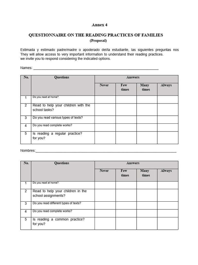 Annex 4 - Questionnaire On Family Reading | PDF