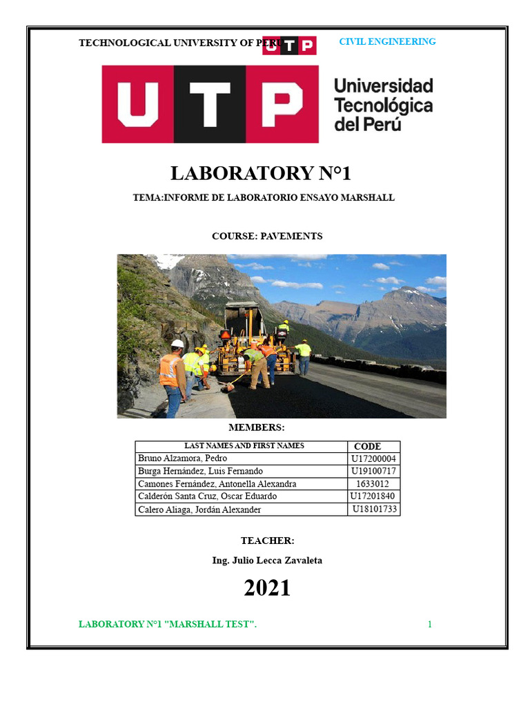 LAB. 1 PAVEMENTS - MARSHALL TEST - COMPLETE | PDF | Density ...