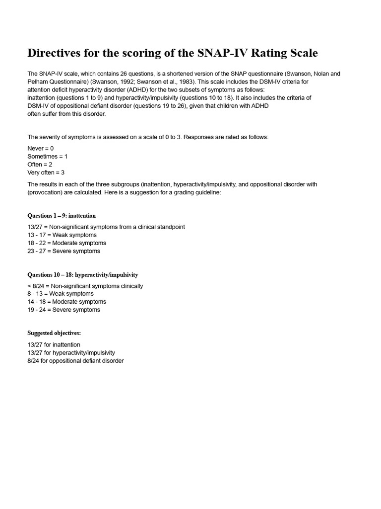 Directives Notation SNAP IV 26 | PDF | Attention Deficit Hyperactivity ...
