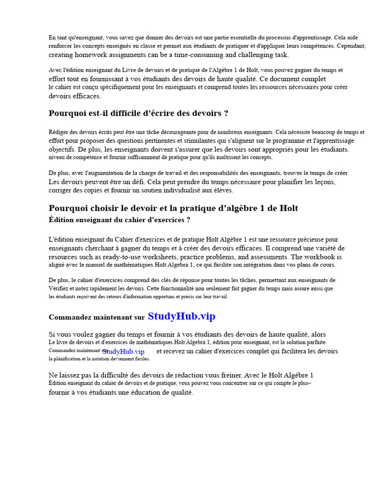 Cahier de devoirs Algèbre 1 pour enseignants | PDF | Mathématiques ...