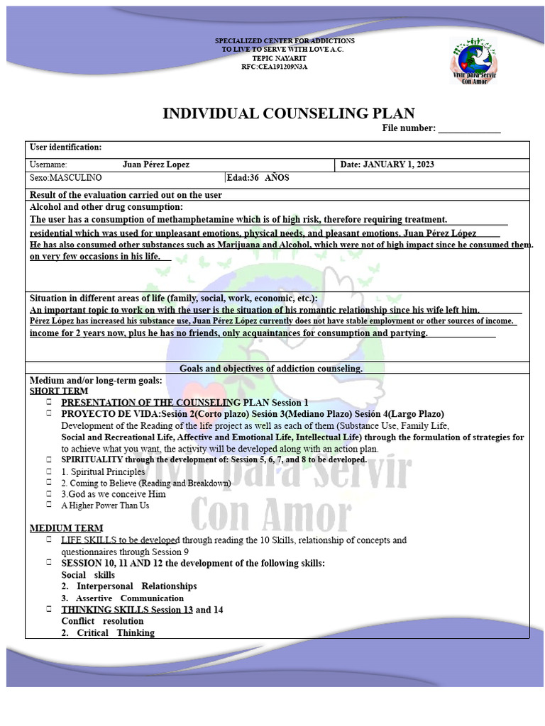 Addiction Counseling Plan for Juan Pérez | PDF | Substance Abuse ...