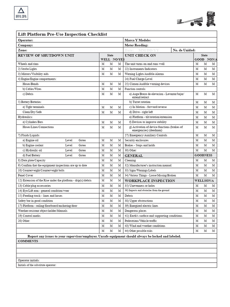Lift Platform Inspection Checklist | PDF | Elevator | Vehicles