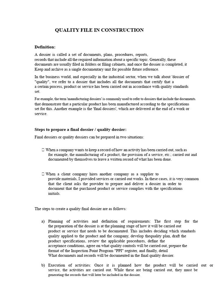 Construction Quality Dossier Guide | PDF | Concrete | Specification ...