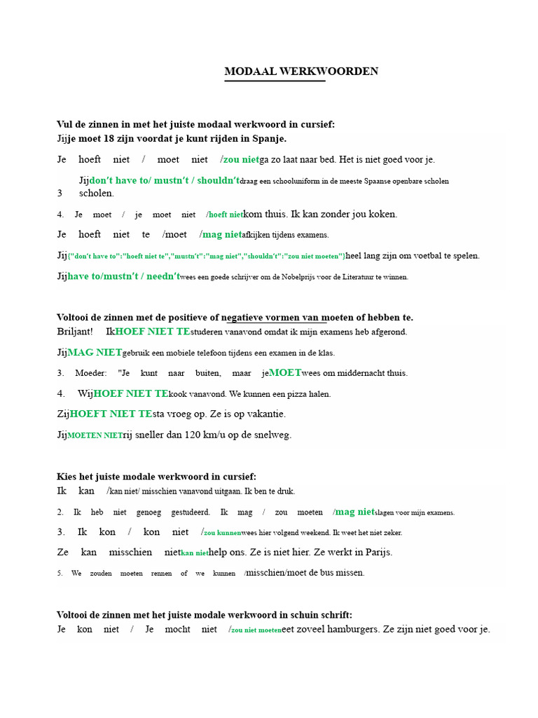 Modale Werkwoorden - Antwoord Sleutel | PDF