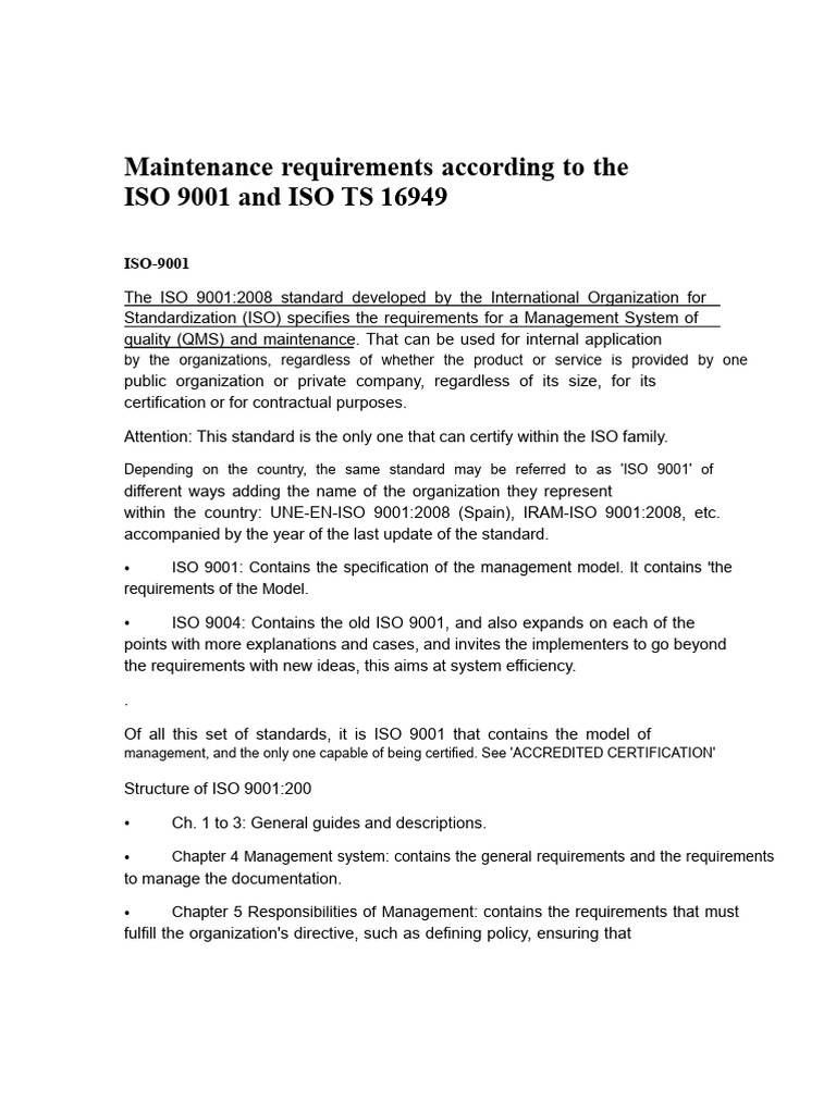Maintenance Requirements According To ISO 9001 and ISO TS 1949 ...