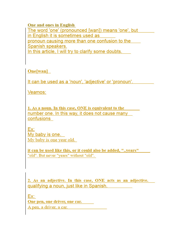 One and Ones in English | PDF | Adjective | Pronoun
