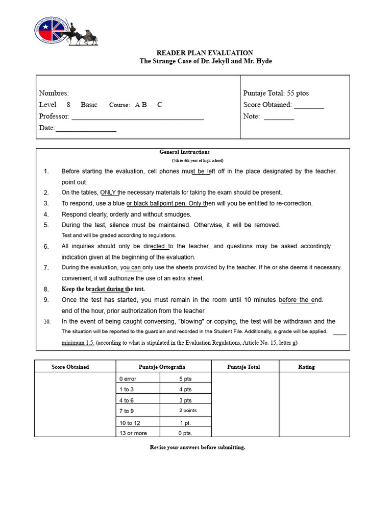 (8°) Evaluation The Strange Case of Dr. Jekyll and Mr. Hyde. | PDF | Dr ...