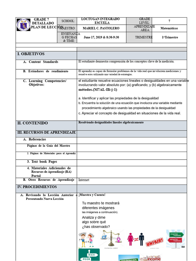 Plan de Lección: Desigualdades en Matemáticas | PDF | Ecuaciones ...