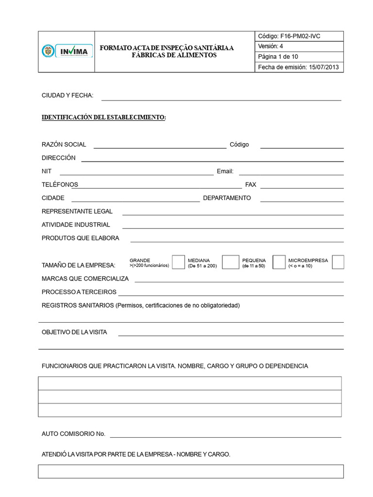 Inspeção Sanitária Formato Invima | PDF