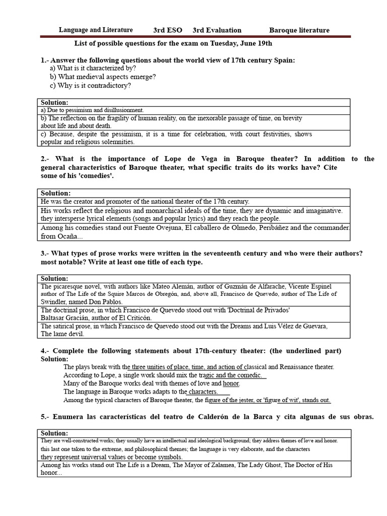 Baroque Literature Exam Questions Guide | PDF | Baroque