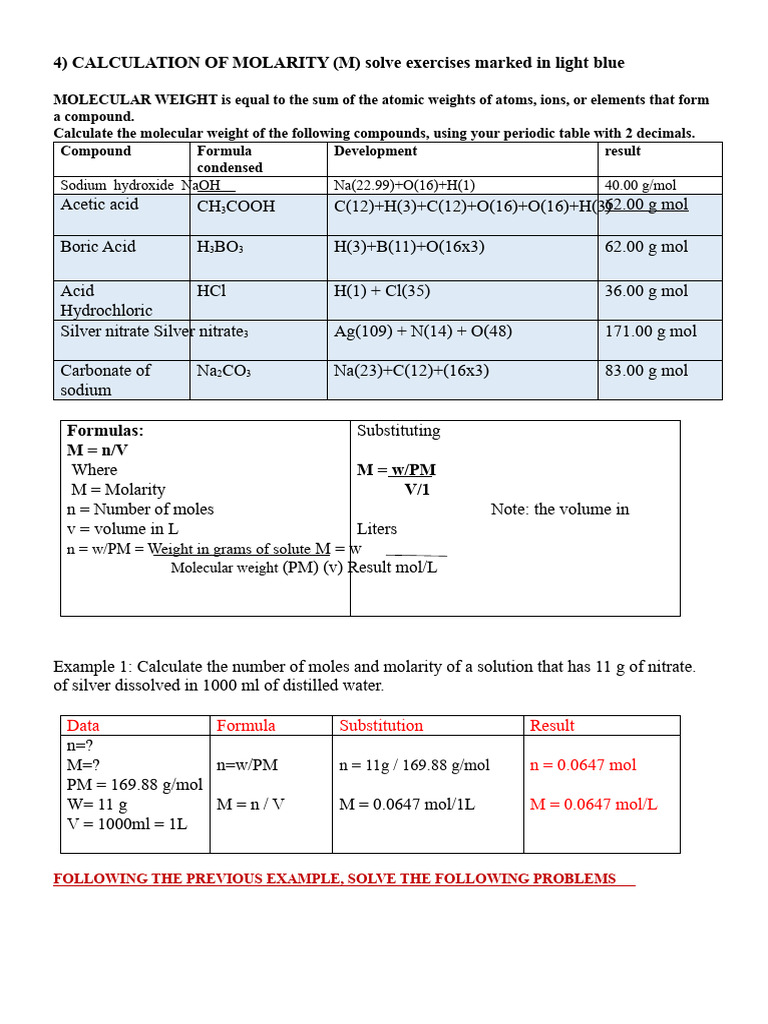 MOLARITY_CALCULATIONS | PDF | Molar Concentration | Mole (Unit)