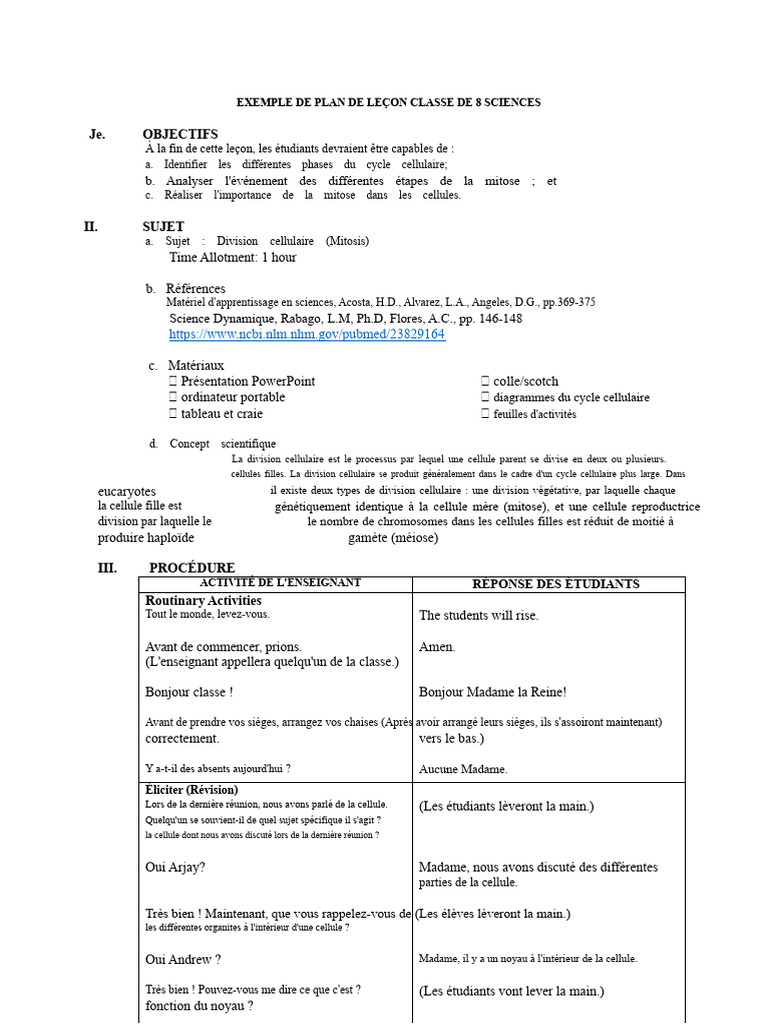 Plan de leçon sur la mitose en 8e | PDF | Cellule (Biologie) | Mitose