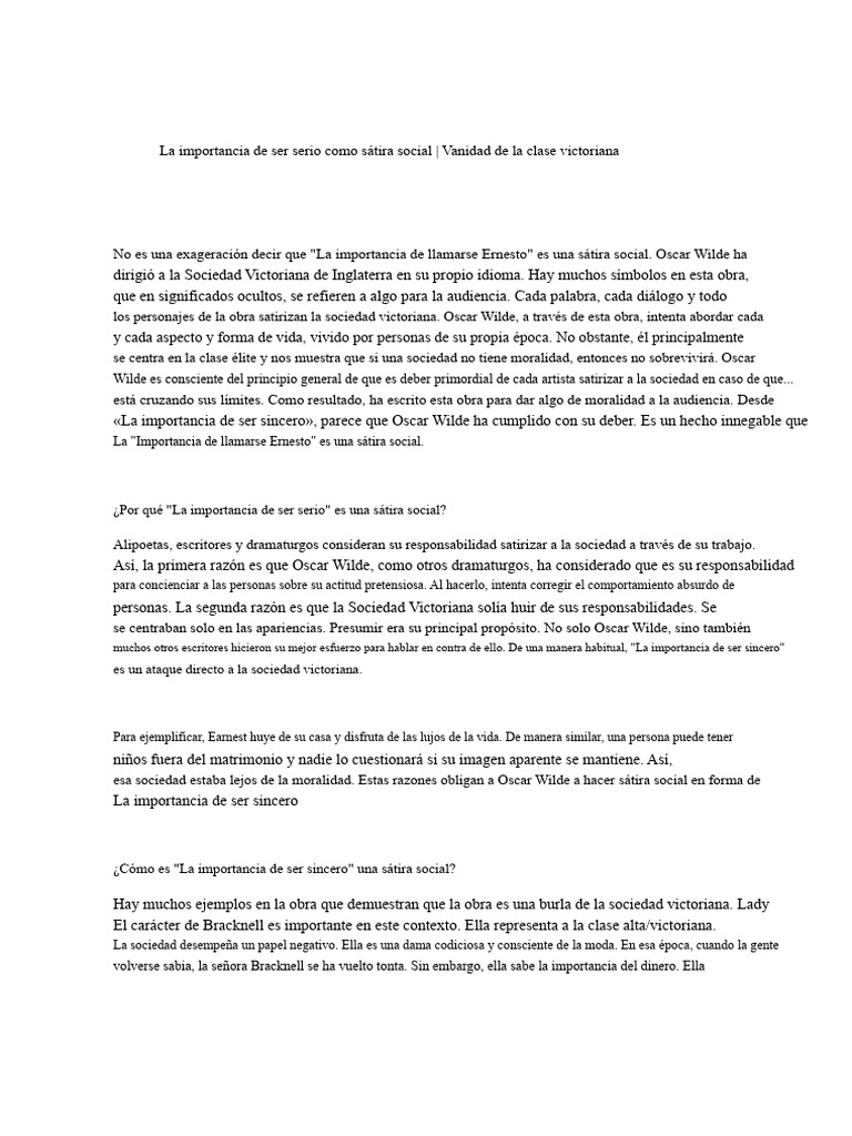 La Importancia de Ser Sincero (Sátira Social) | PDF | Sátira | Oscar Wilde
