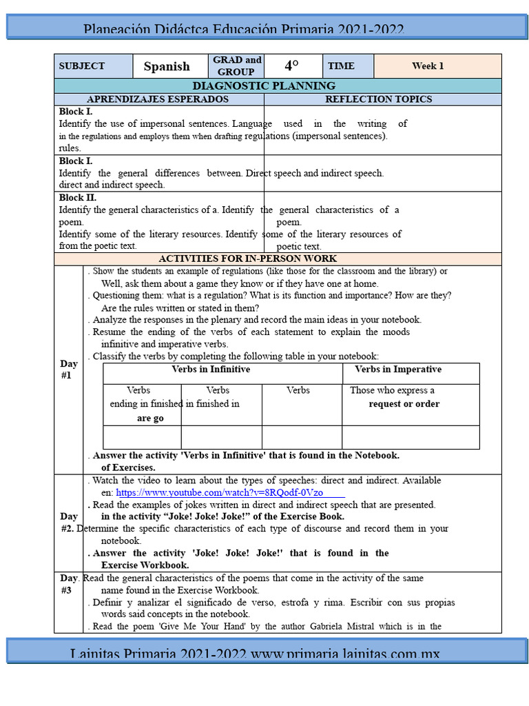 September - 4th Grade Spanish (2021-2022) | PDF | Narrative | Verb