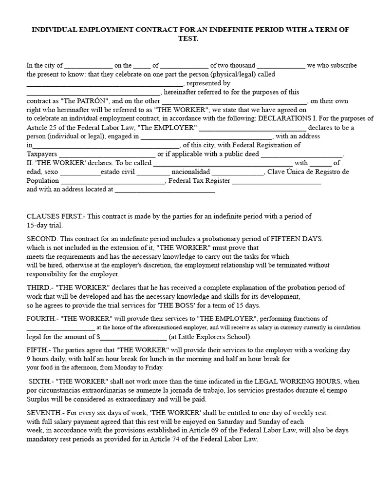 Individual Employment Contract For Indefinite Time With Probationary ...