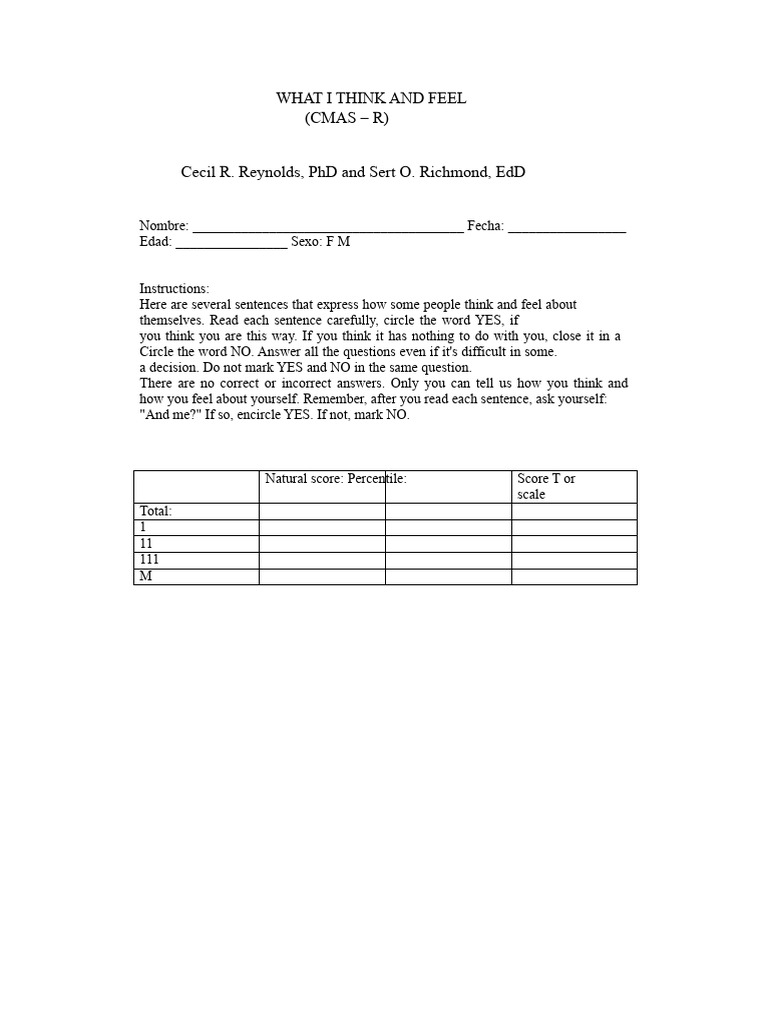 CMAS R Questionnaire | PDF | Questionnaire | Psychological Concepts