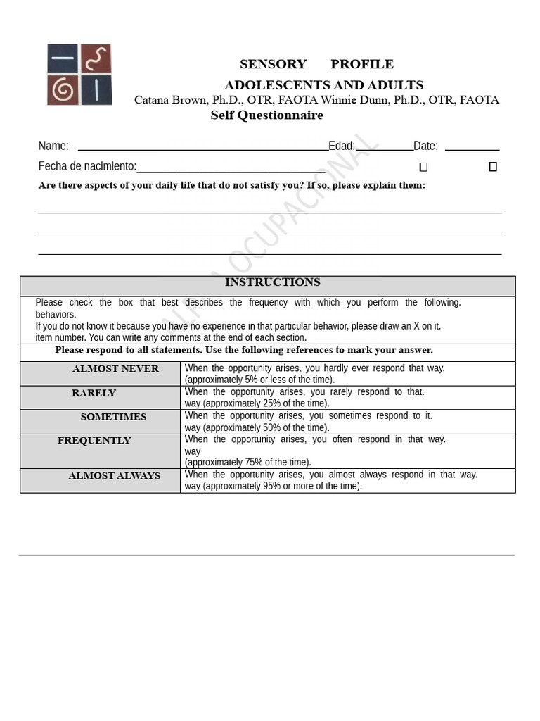 Sensory Profile Questionnaire for Adults | PDF | Perception