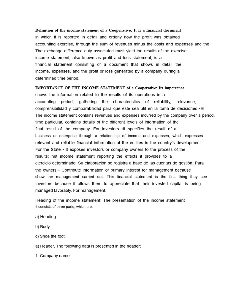 Definition of The Income Statement of A Cooperative | PDF | Balance ...