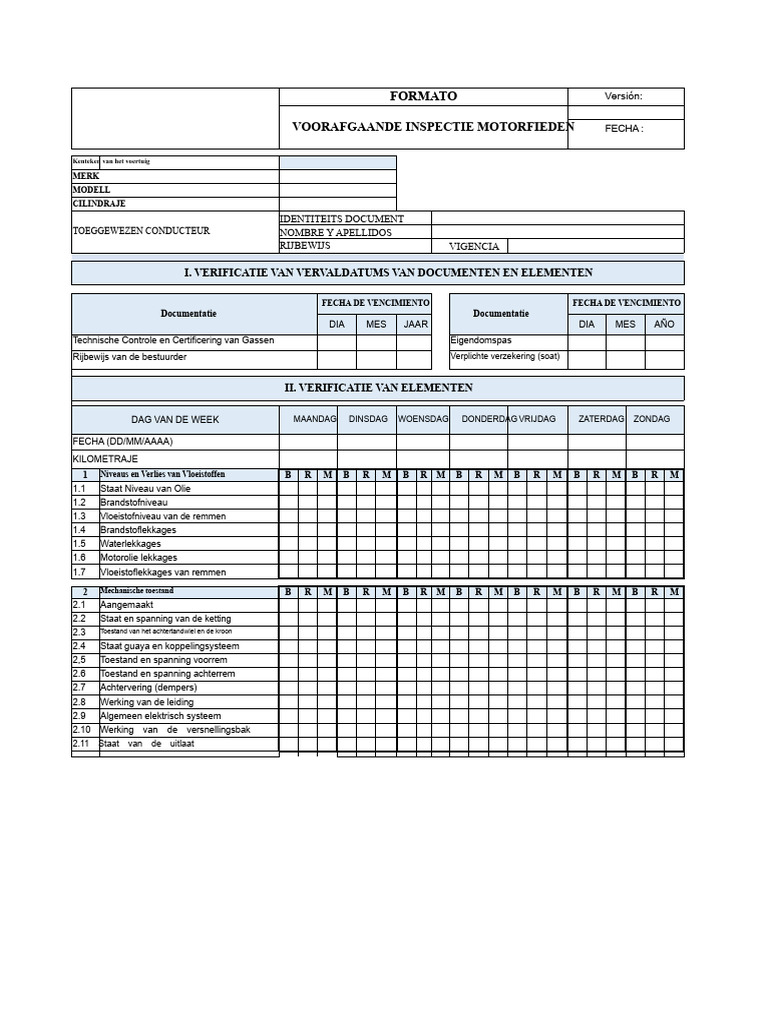 Formaat Inspectie Pre Operationeel Motorfietsen V1 | PDF