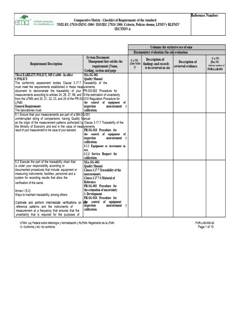 FOR-LAB-006_Matrix_LV 17025_Crit_Pol_Law SECTION_A_Traceability_06AIDA ...