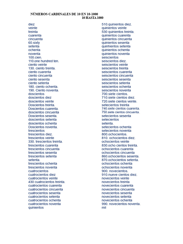 Números Cardinales de 10 en 10 Hasta 1000 | PDF