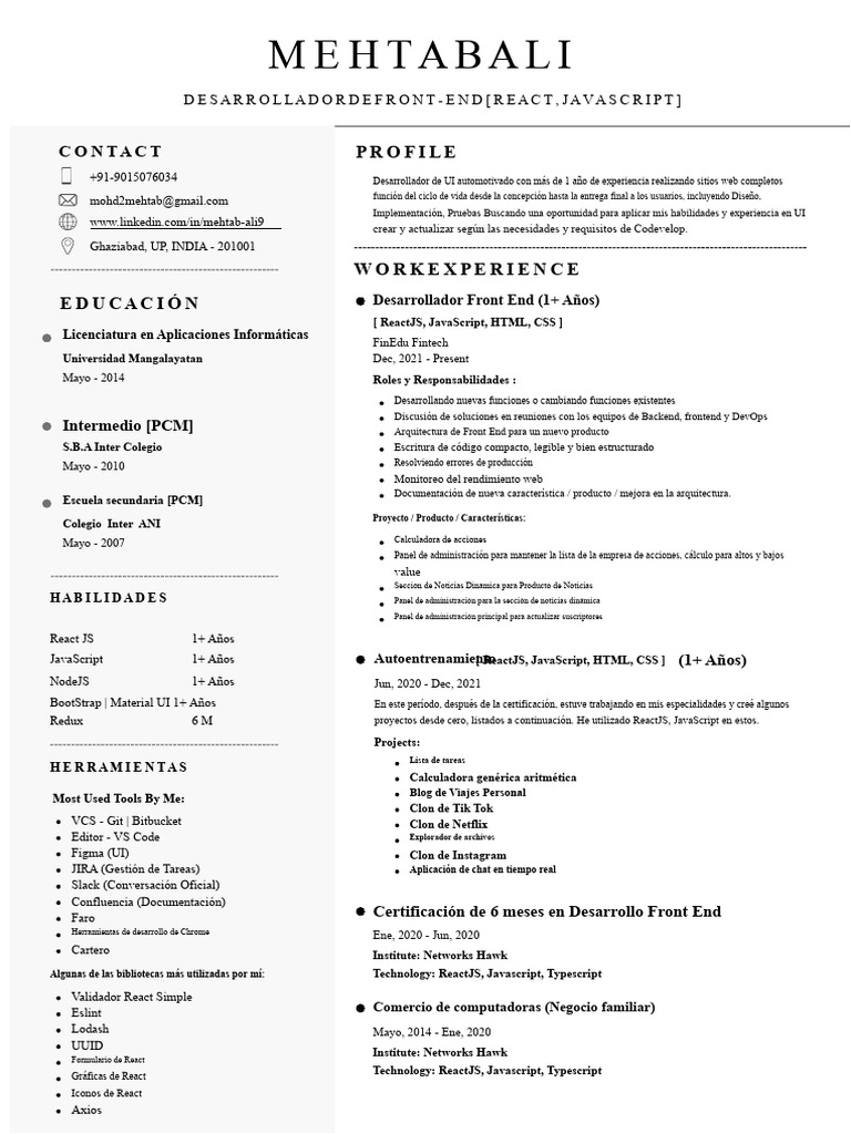 Currículum - Desarrollador Front End (ReactJS) | PDF | Script Java | Tecnologías de la información