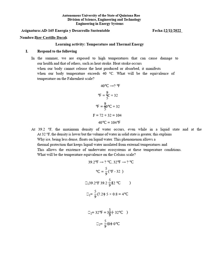 Act. Temperature, Thermal Energy | PDF | Fahrenheit | Heat