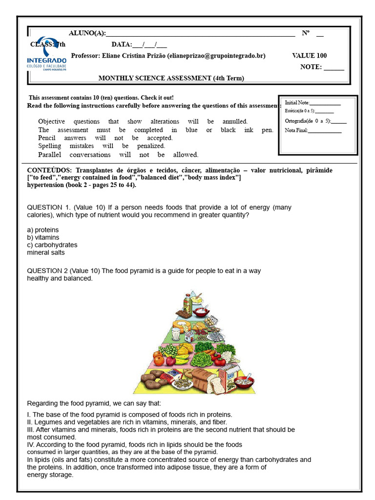 7th Grade Science Monthly Assessment | PDF | Foods | Healthy Diet