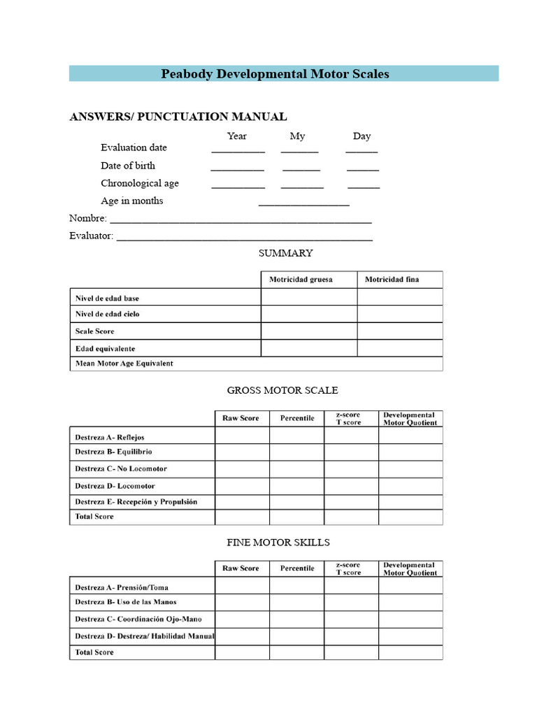 Peabody Motor Development Scales - Record | PDF | Anatomical Terms Of ...
