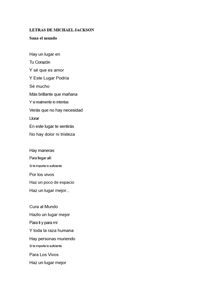 Letras de "Heal the World" de Michael Jackson | PDF | Amor