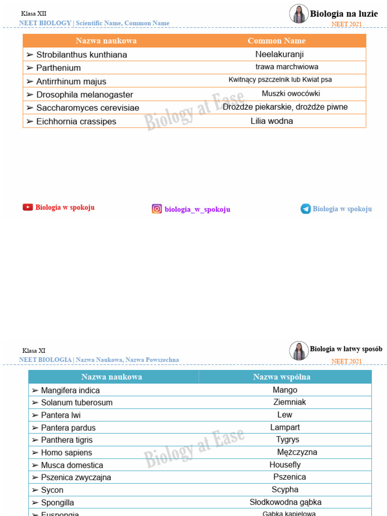 NEET BIOLOGIA Nazwy Naukowe I Nazwy Pospolite-1 | PDF