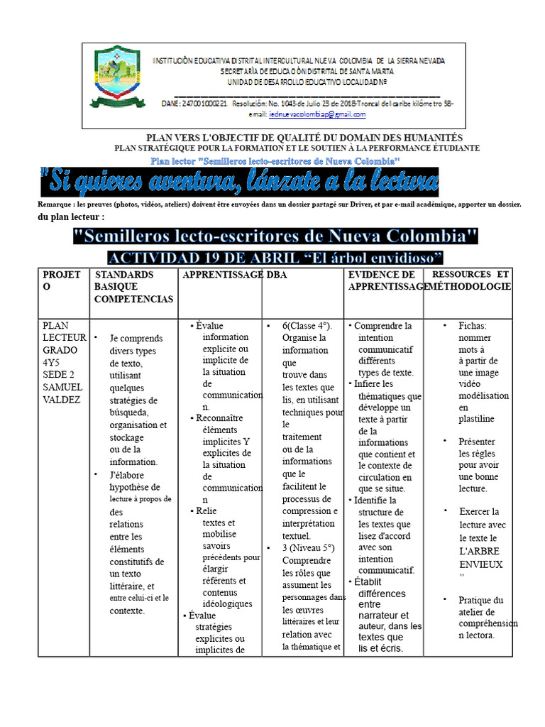Planification - L'Arbre Envieux - Plan de Lecture 19 Avril | PDF ...