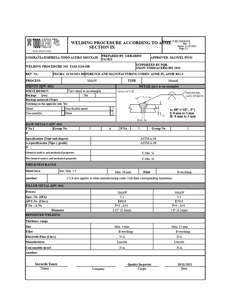 WPS Smaw Oh Asme | PDF | Welding | Construction