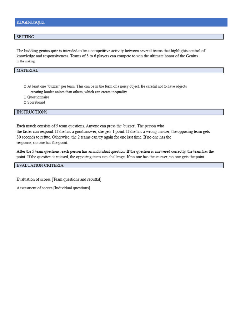 Kid Genius Quiz: Team Competition Guide | PDF | Marketing | Business