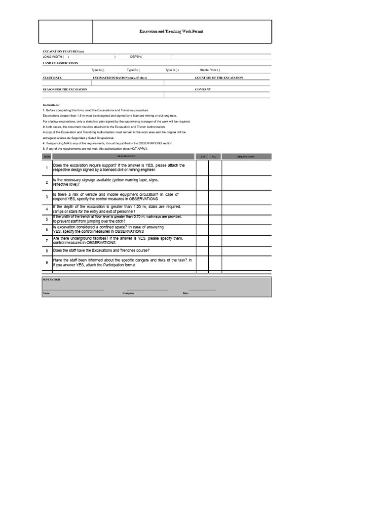 Excavation and Trench Work Permit Format | PDF | Trench