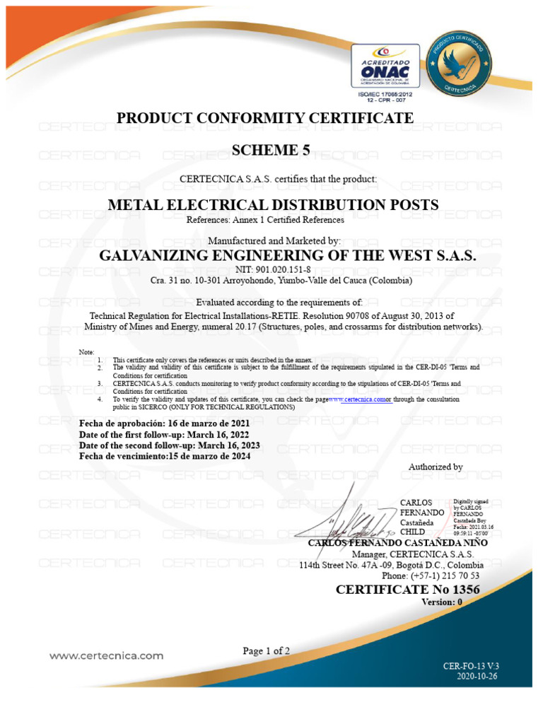 CERTIFICATE 1356 RETIE | PDF