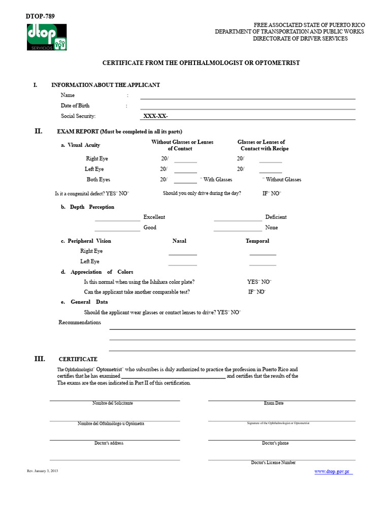 DTOP-789-Certificate From The Ophthalmologist or Optometrist | PDF ...