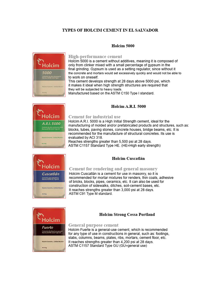 Holcim Cement Types in El Salvador | PDF | Cement | Concrete