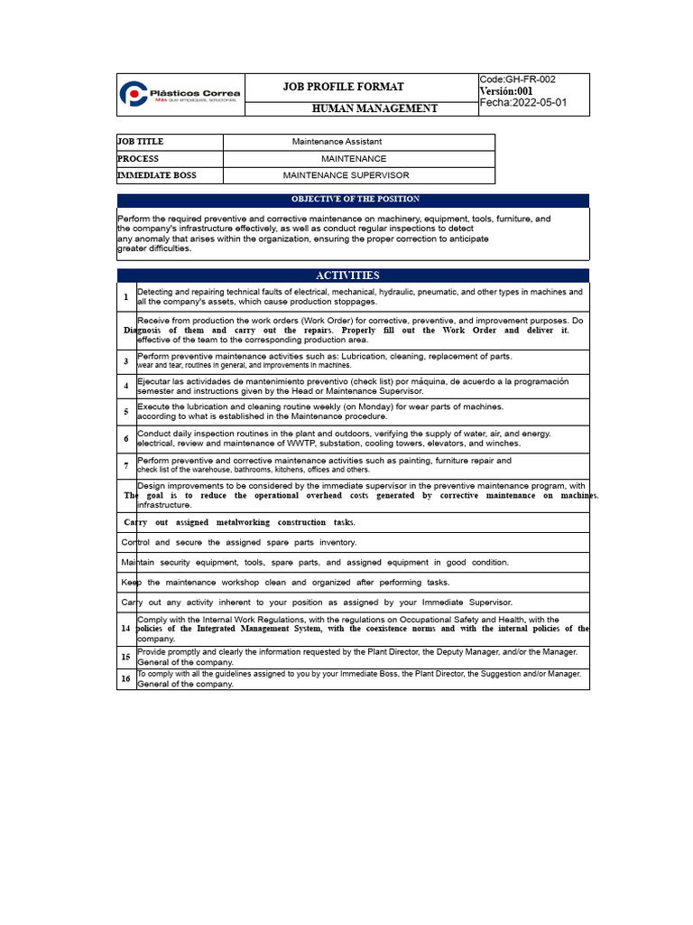 GH FR 002 Job Profile - Maintenance Assistant | PDF