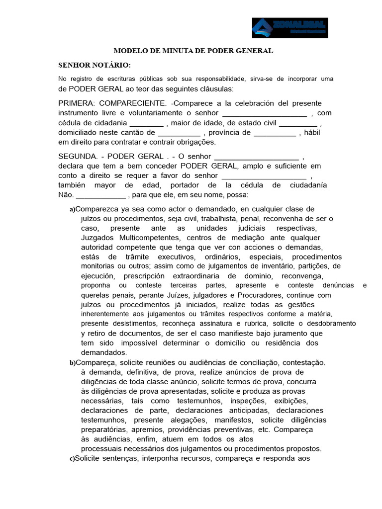 Modelo de Poder Geral para Escritura Pública | PDF | Direito Comum ...