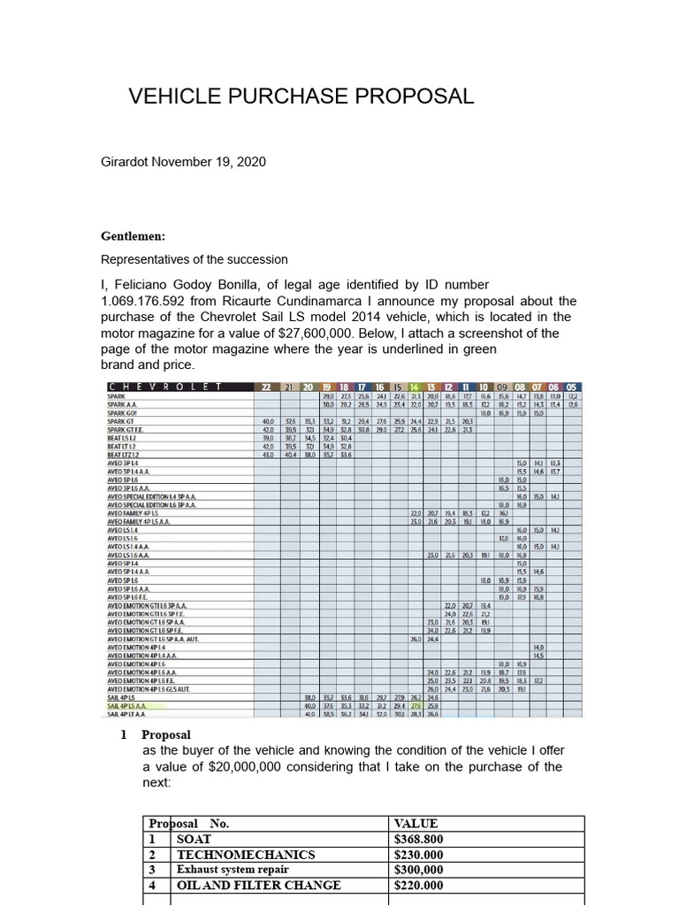 Vehicle Purchase Proposal for Chevrolet Sail | PDF