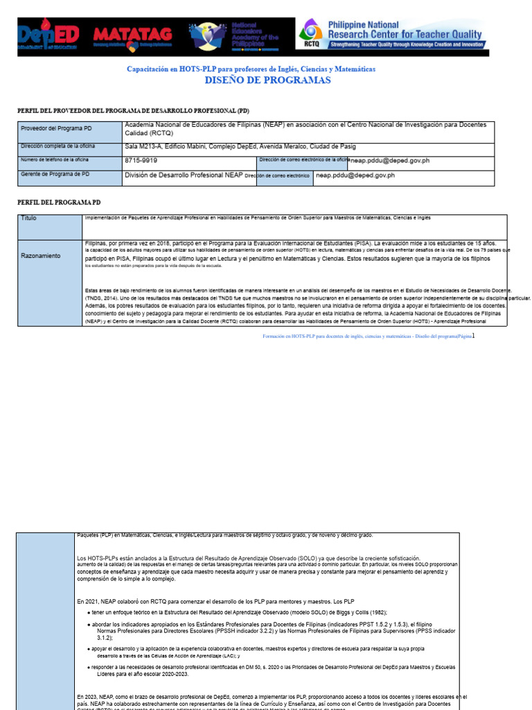 Diseño del Programa PD de HOTS-PLP | PDF | Enseñando | Aprendizaje