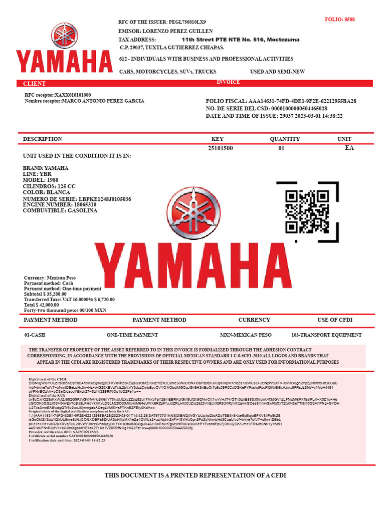 CFDI YAMAHA | PDF | Invoice