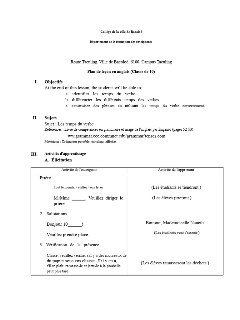 Plan de Leçon Sur Les Temps Des Verbes | PDF | Verbe | Sémantique